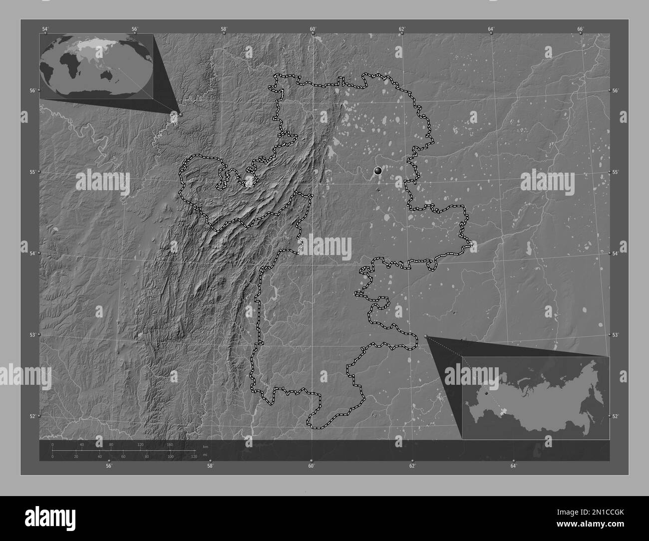 Chelyabinsk, region of Russia. Bilevel elevation map with lakes and ...
