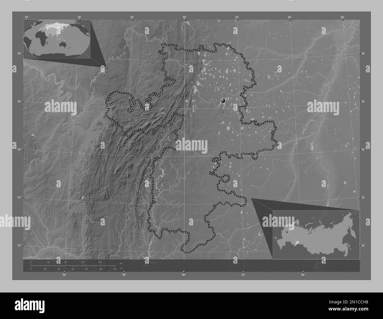 Chelyabinsk, region of Russia. Grayscale elevation map with lakes and ...