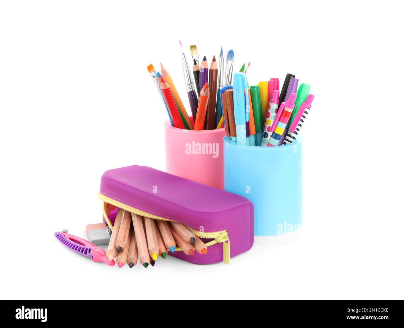 Set of colorful school stationery on white background Stock Photo - Alamy