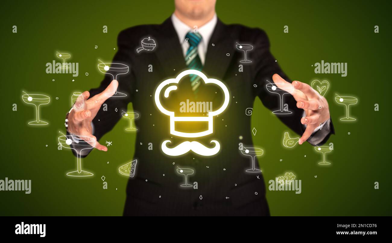 Hand holding food related icons Stock Photo - Alamy