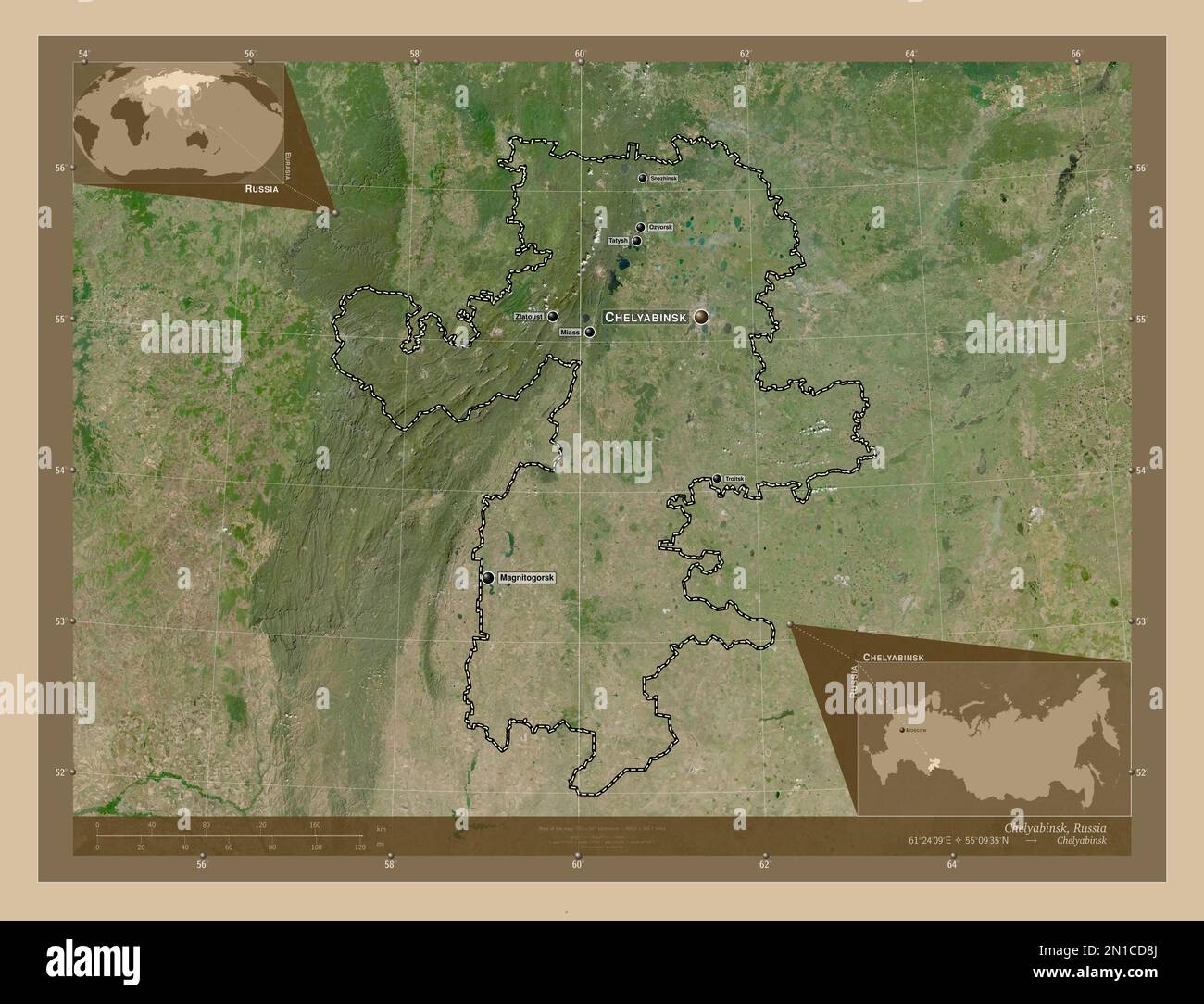 Chelyabinsk, region of Russia. Low resolution satellite map. Locations ...