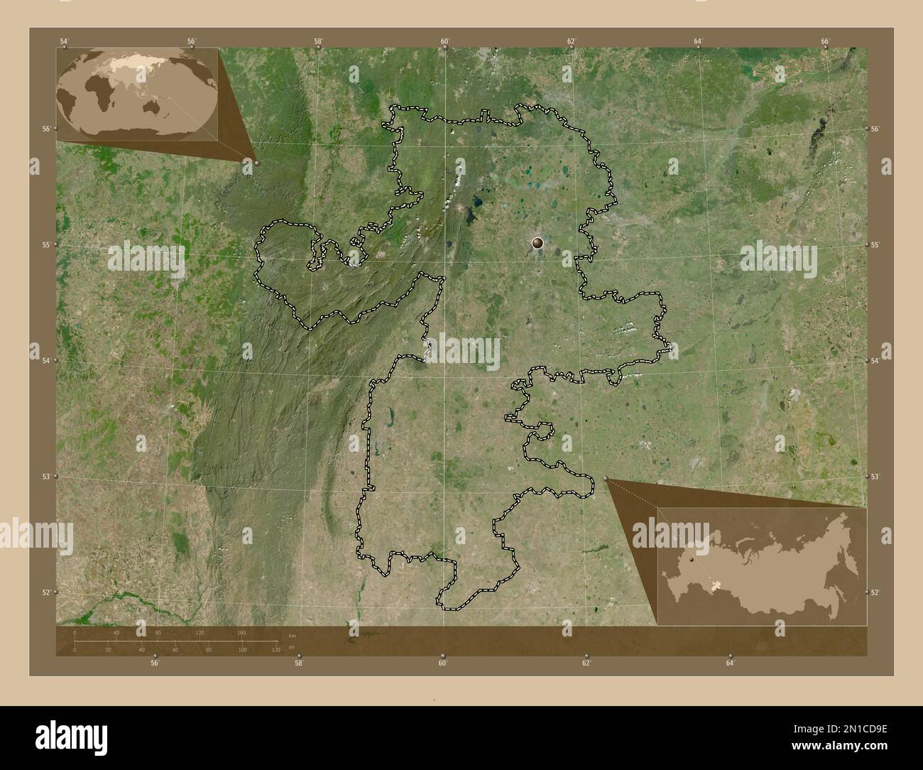 Chelyabinsk, region of Russia. Low resolution satellite map. Corner ...
