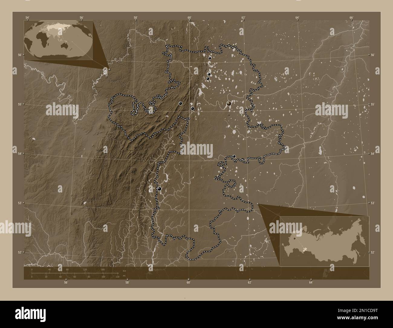 Chelyabinsk, region of Russia. Elevation map colored in sepia tones ...