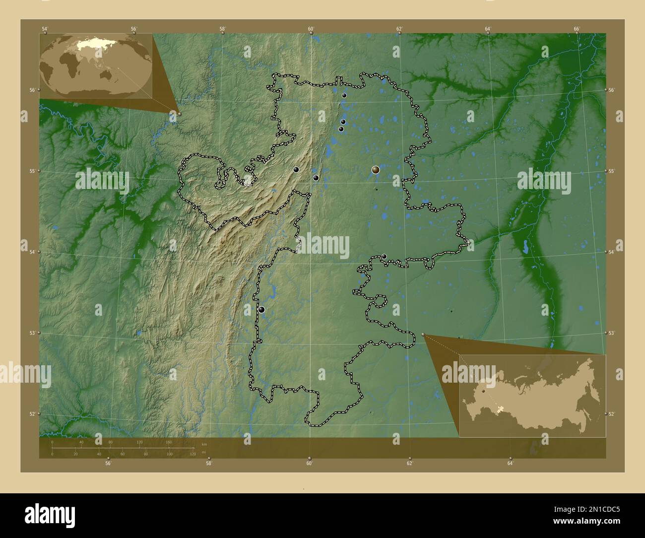 Chelyabinsk, region of Russia. Colored elevation map with lakes and ...