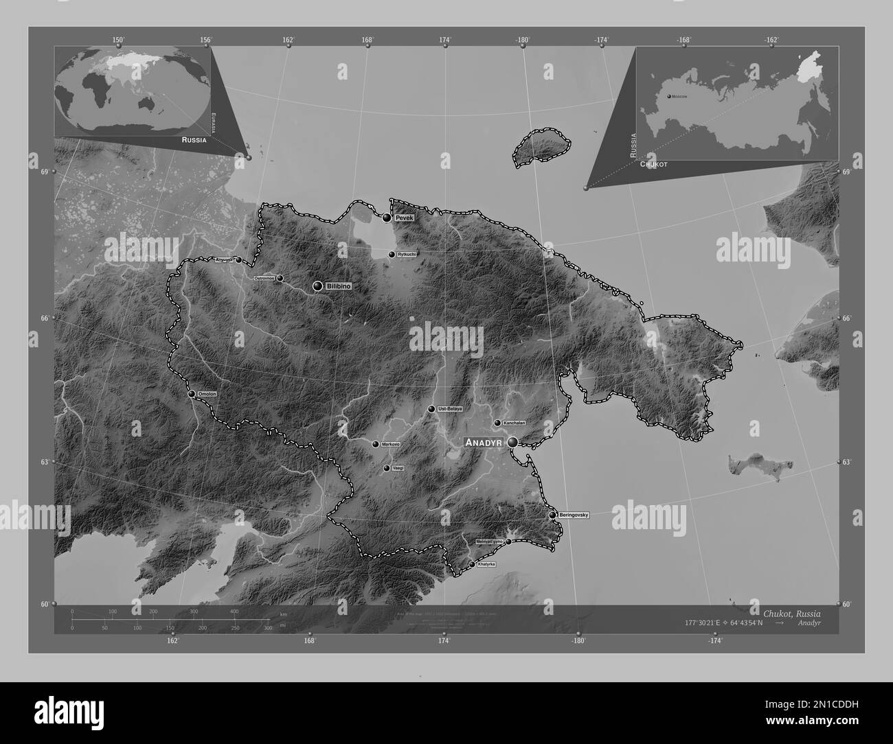 Chukot, autonomous province of Russia. Grayscale elevation map with ...