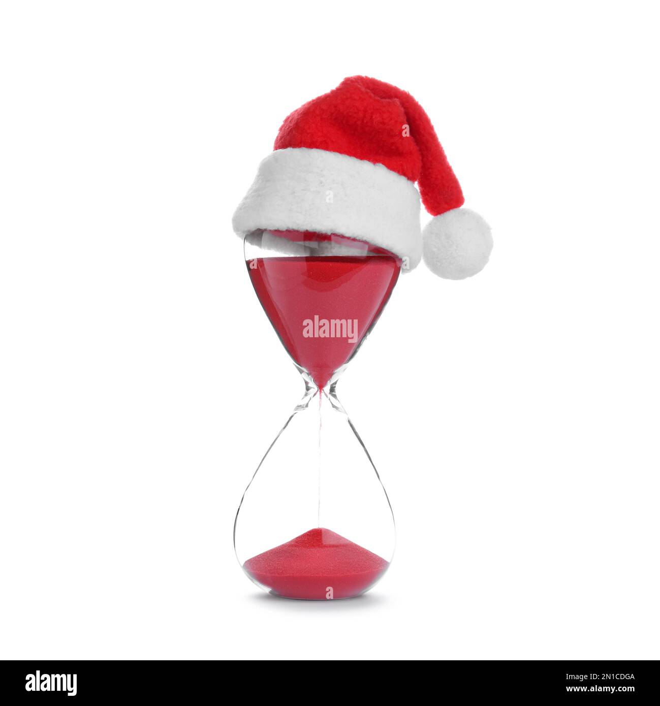 Hourglass and Santa hat isolated on white. Christmas countdown Stock ...