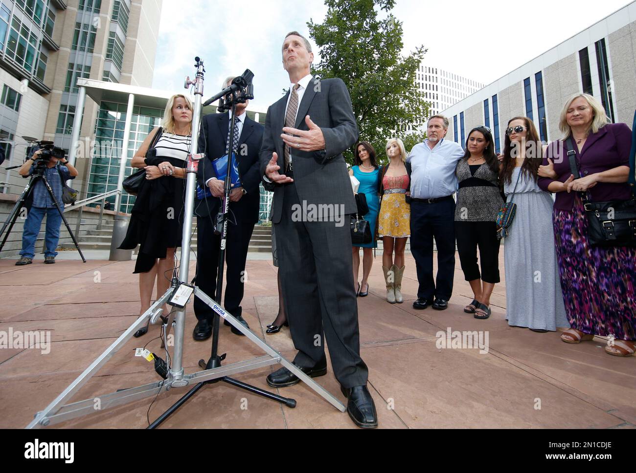Barry Bertolet, right, speaks during a news conference next to his wife ...