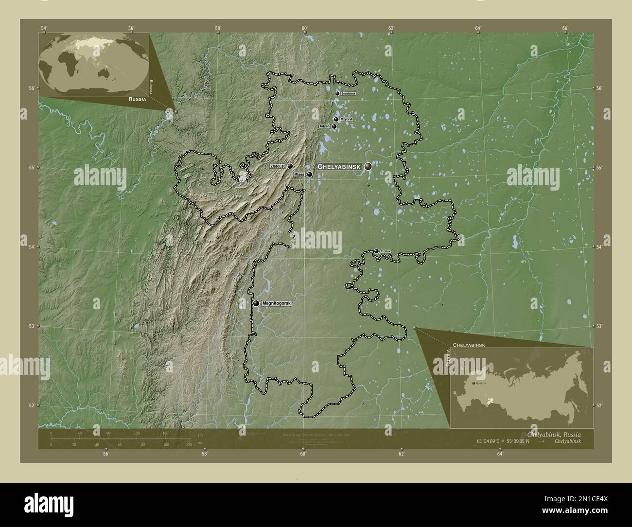Chelyabinsk, region of Russia. Elevation map colored in wiki style with ...