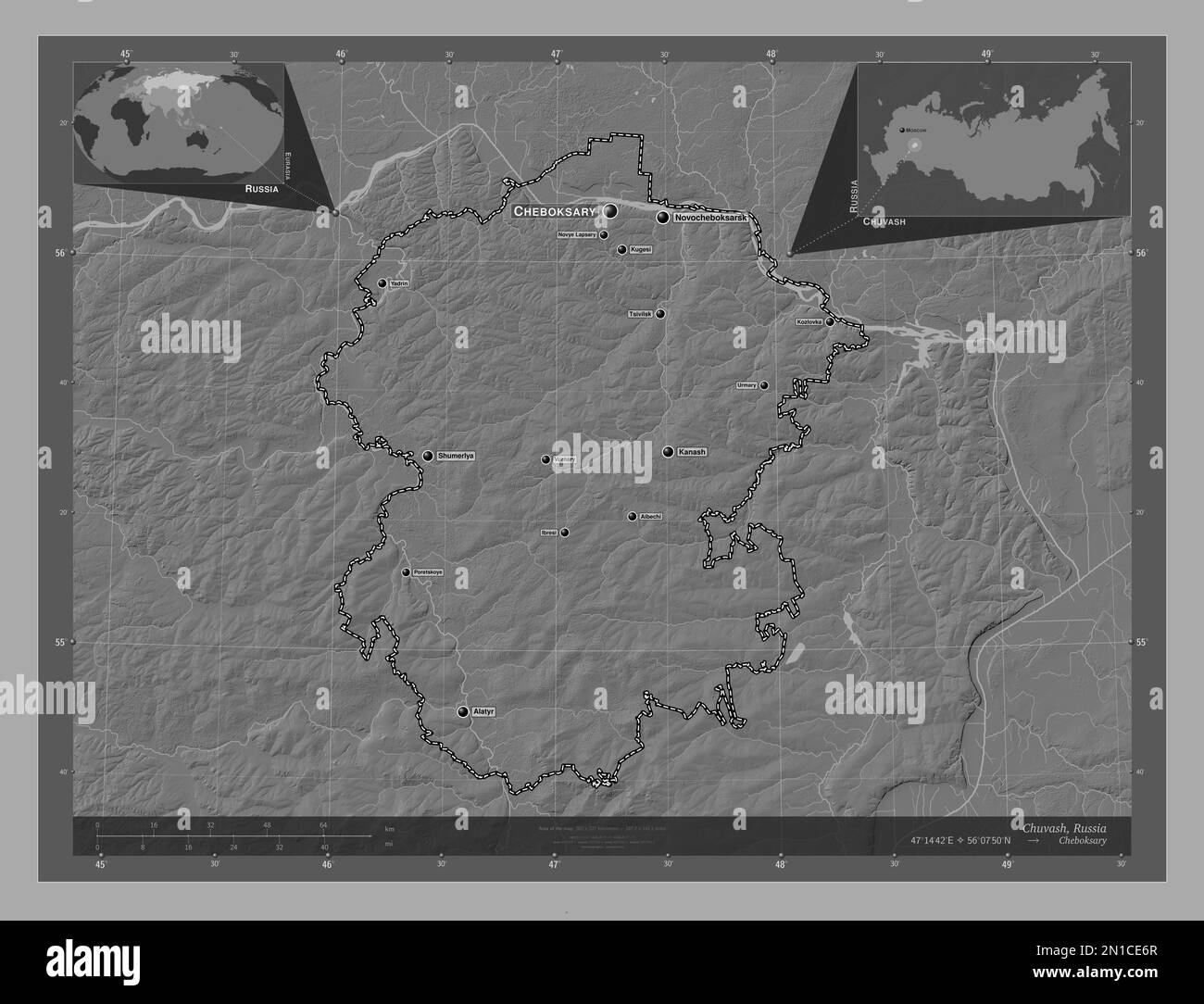 Chuvash, republic of Russia. Bilevel elevation map with lakes and ...