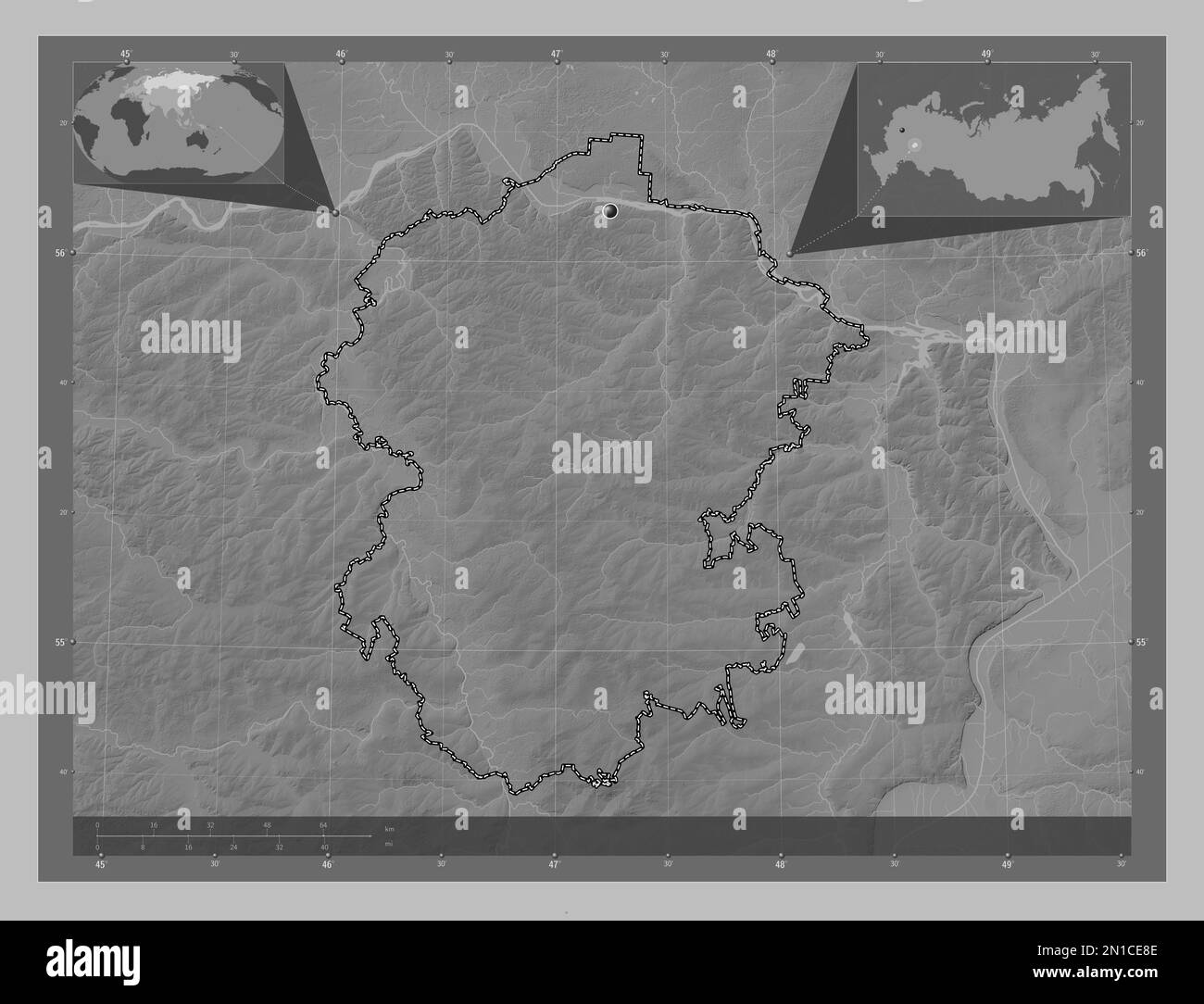 Chuvash, republic of Russia. Grayscale elevation map with lakes and ...