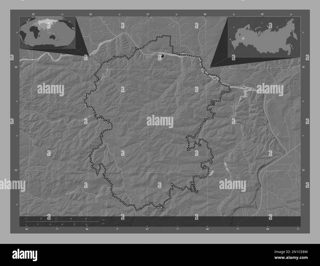 Chuvash, republic of Russia. Bilevel elevation map with lakes and ...