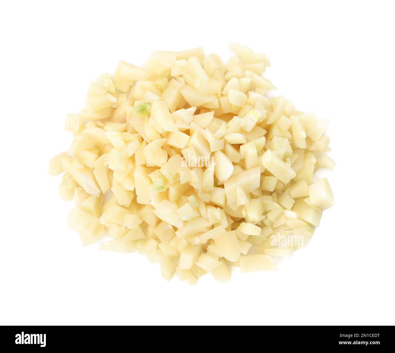 Pile of fresh chopped garlic isolated on white, top view. Organic food ...