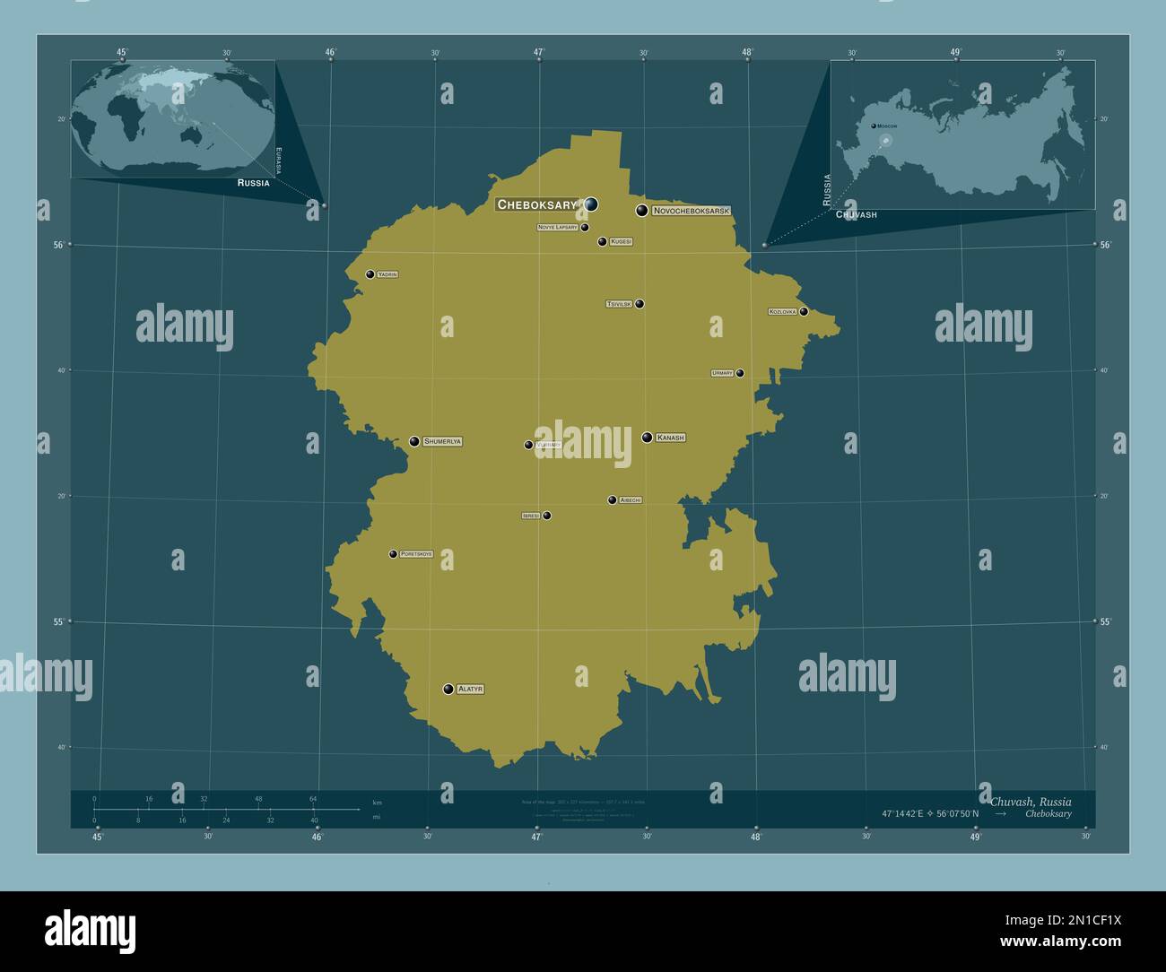 Chuvash, republic of Russia. Solid color shape. Locations and names of ...