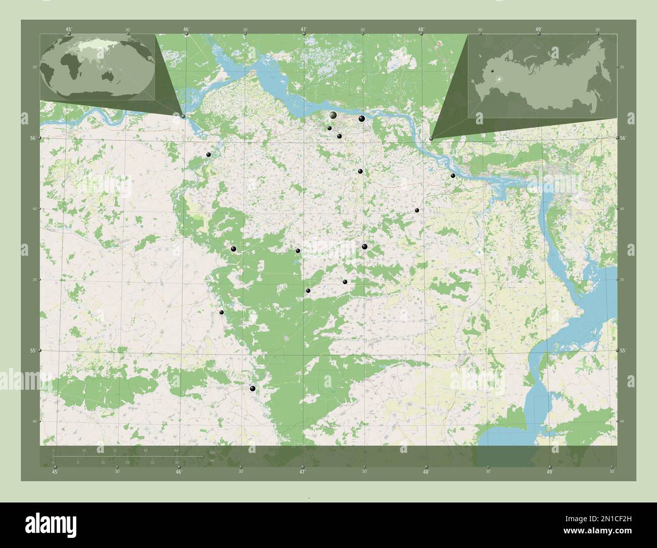 Chuvash, republic of Russia. Open Street Map. Locations of major cities ...