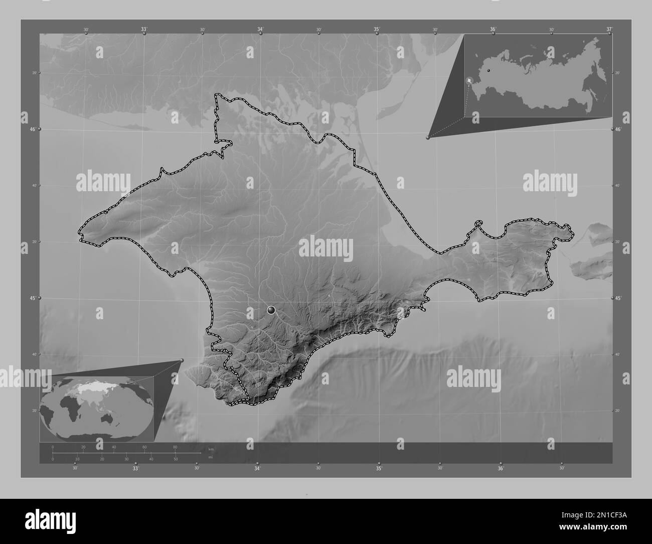 Crimea, autonomous republic of Russia. Grayscale elevation map with ...