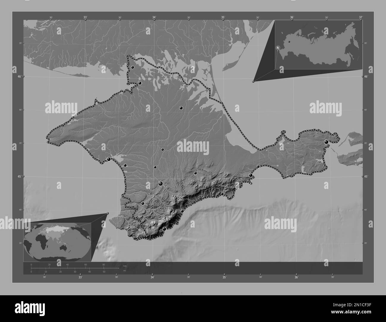 Crimea, autonomous republic of Russia. Bilevel elevation map with lakes ...