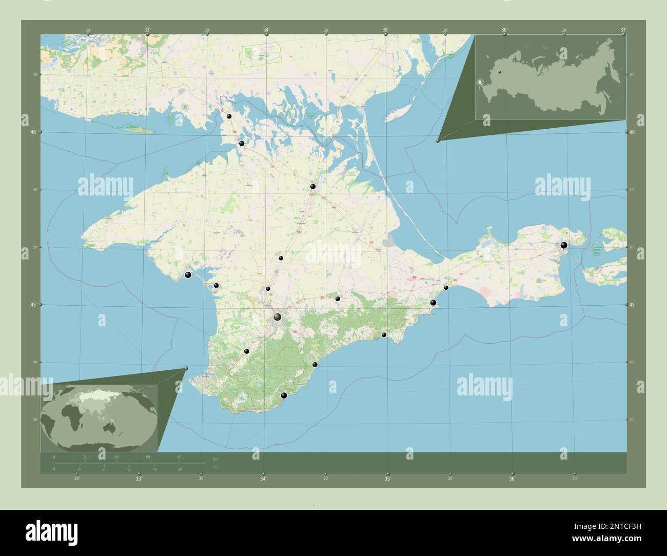 Crimea, autonomous republic of Russia. Open Street Map. Locations of major cities of the region ...