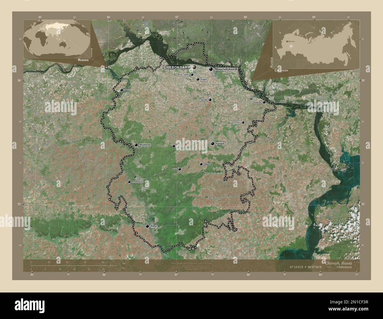 Chuvash, republic of Russia. High resolution satellite map. Locations ...