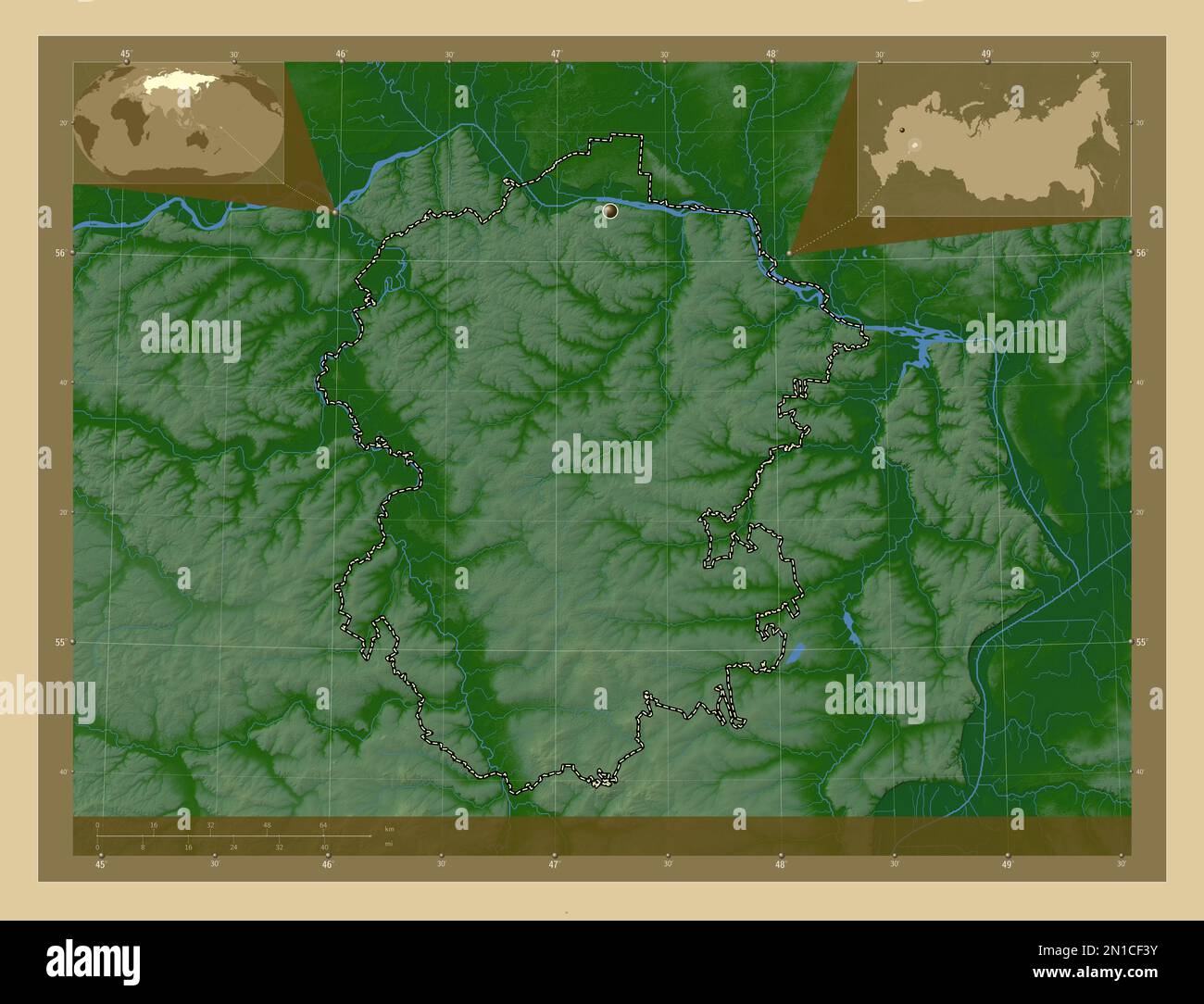 Chuvash, republic of Russia. Colored elevation map with lakes and ...