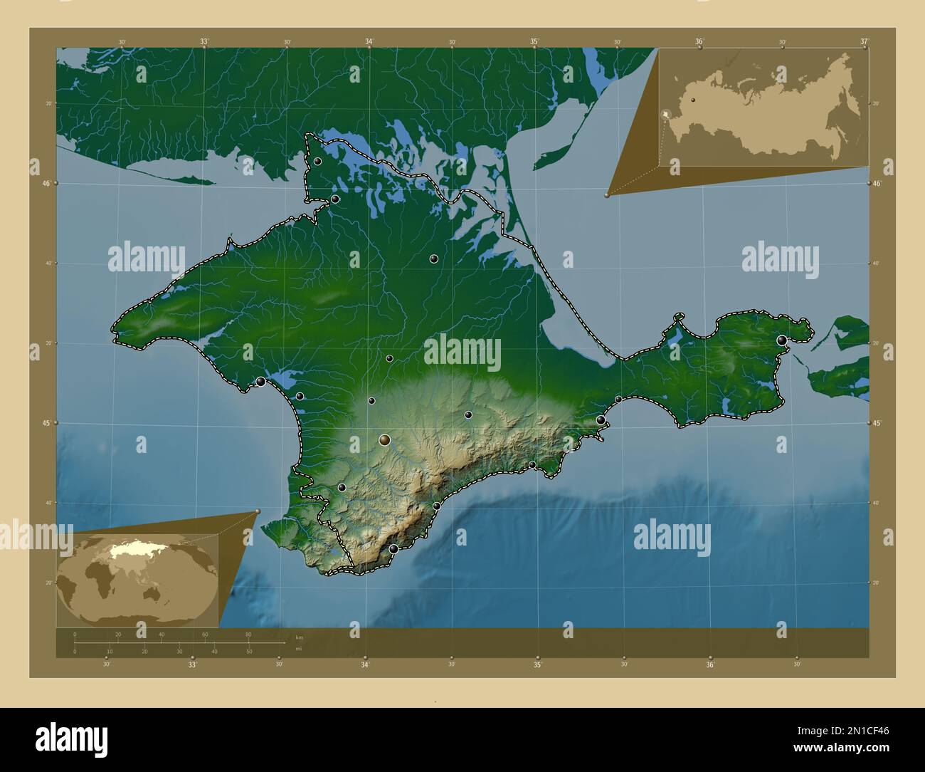 Crimea, autonomous republic of Russia. Colored elevation map with lakes ...