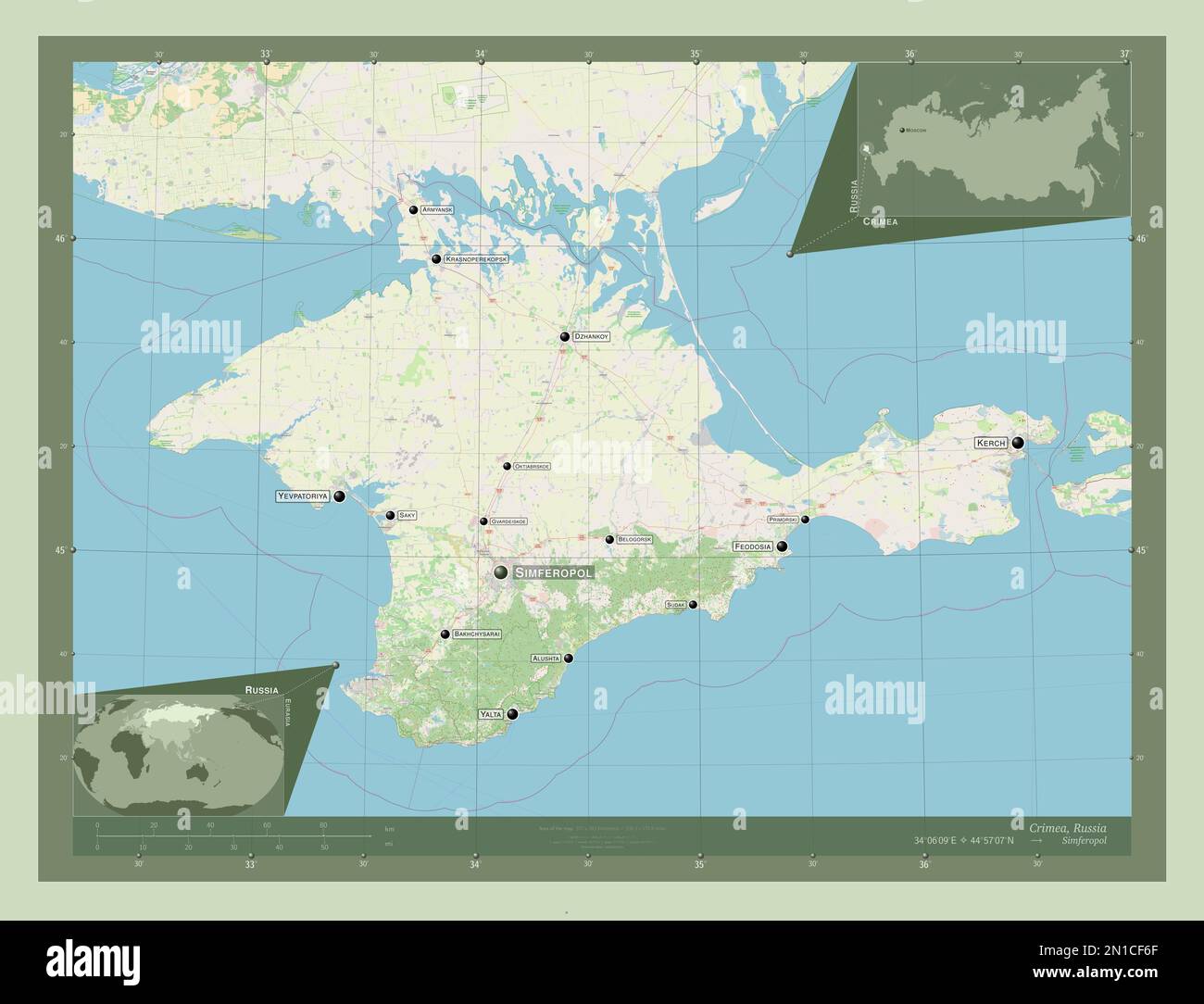 Crimea, autonomous republic of Russia. Open Street Map. Locations and names of major cities of ...