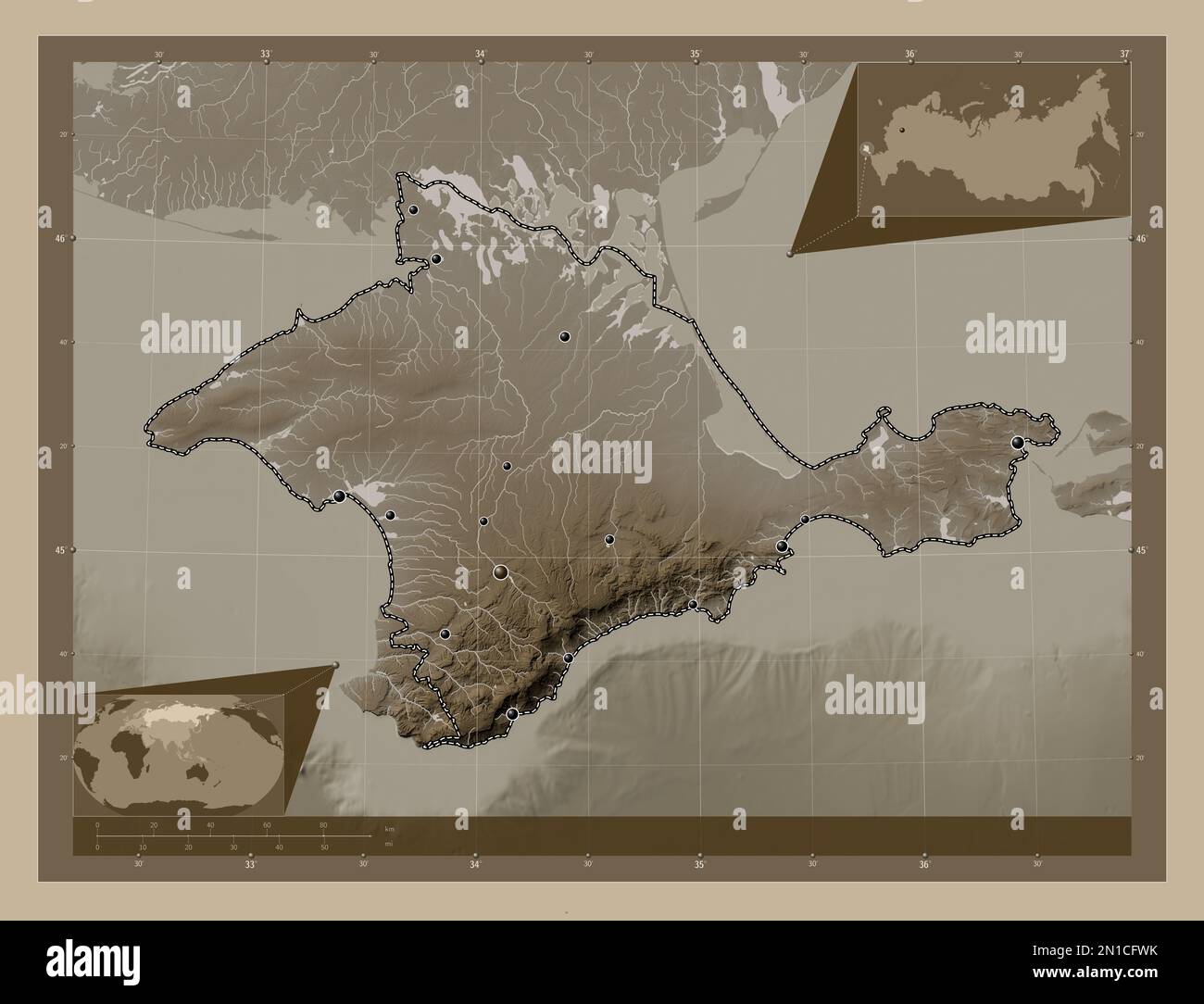 Crimea, autonomous republic of Russia. Elevation map colored in sepia ...