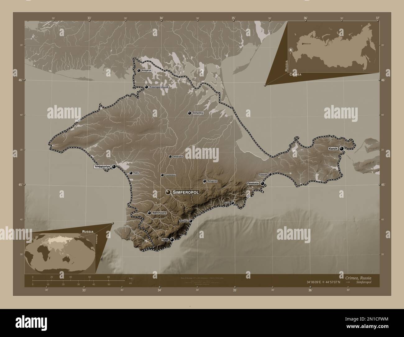 Crimea, autonomous republic of Russia. Elevation map colored in sepia ...