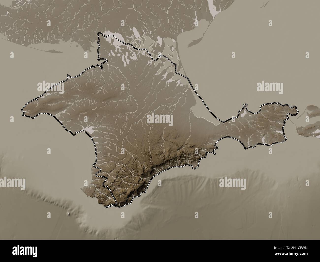 Crimea, autonomous republic of Russia. Elevation map colored in sepia ...