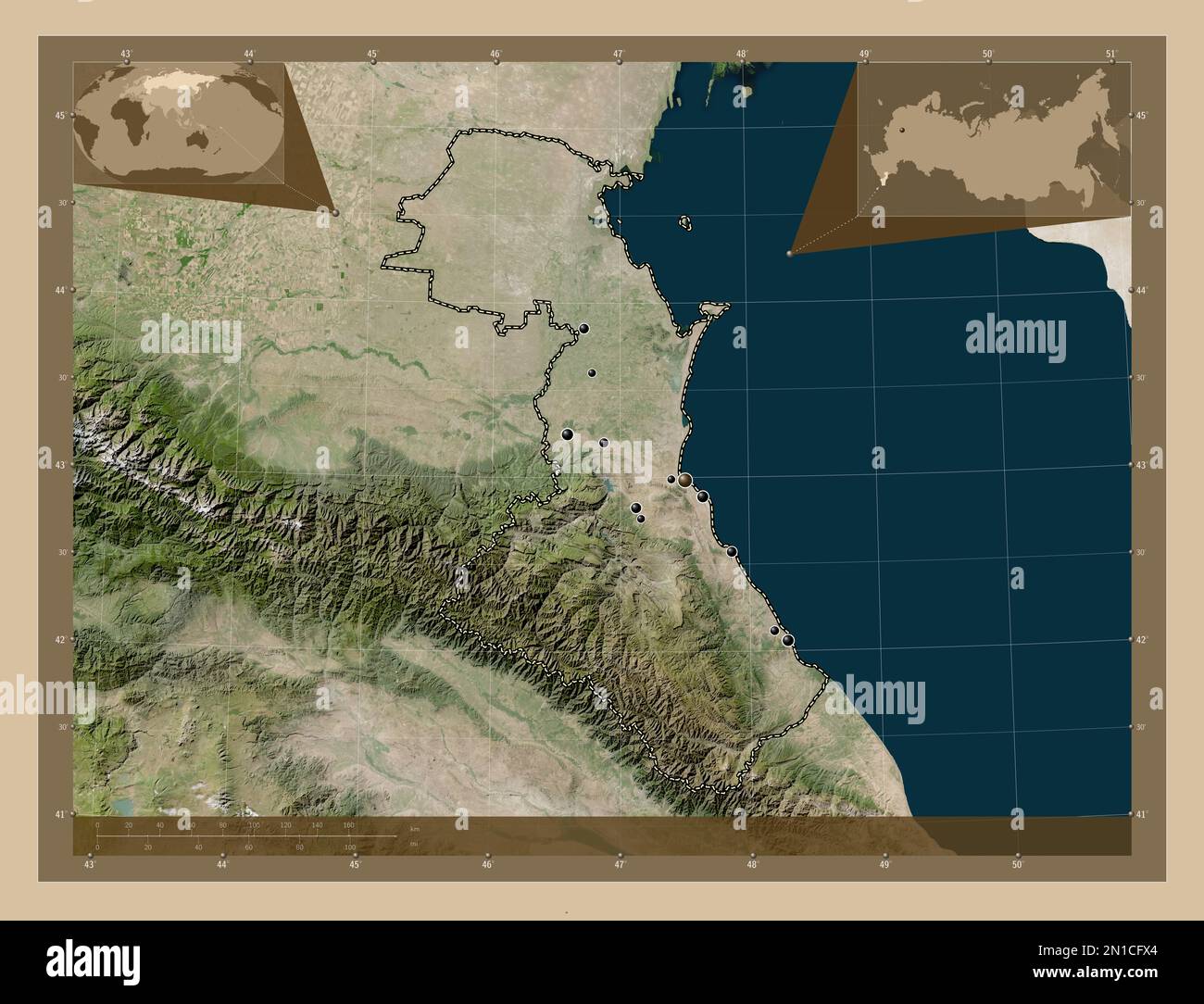 Dagestan, republic of Russia. Low resolution satellite map. Locations ...