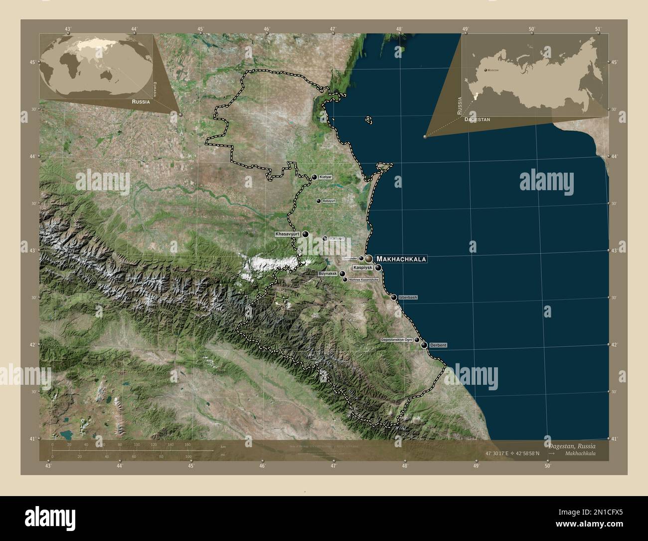 Dagestan, republic of Russia. High resolution satellite map. Locations ...