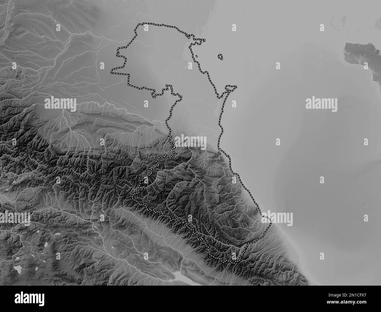 Dagestan, republic of Russia. Grayscale elevation map with lakes and ...