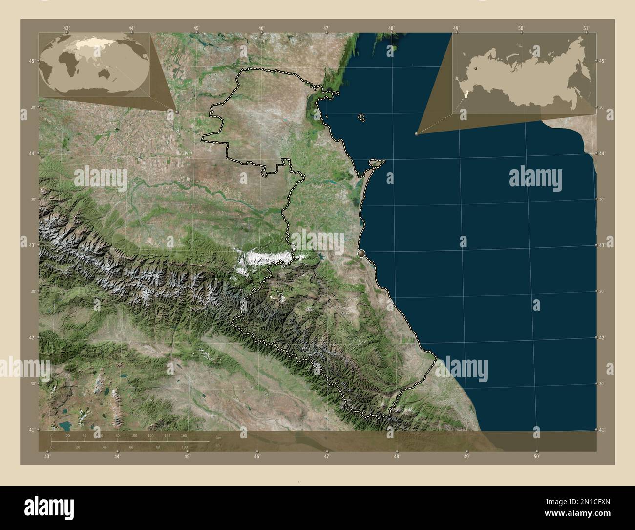 Dagestan, republic of Russia. High resolution satellite map. Corner ...