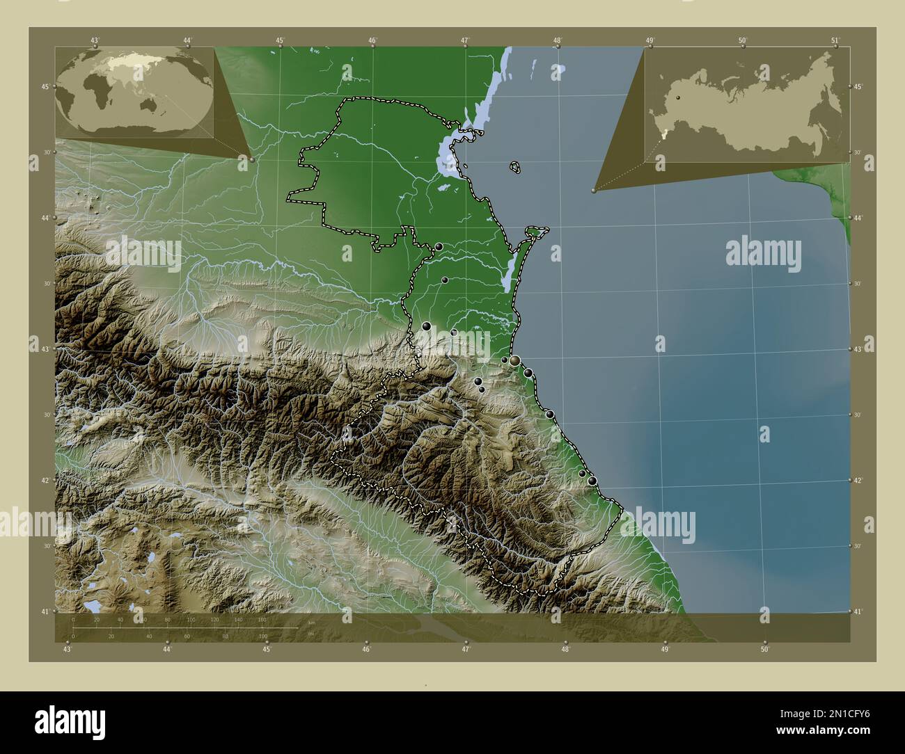 Dagestan, republic of Russia. Elevation map colored in wiki style with ...