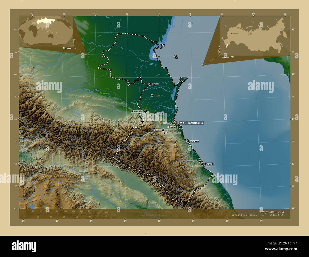 Dagestan, republic of Russia. Colored elevation map with lakes and ...