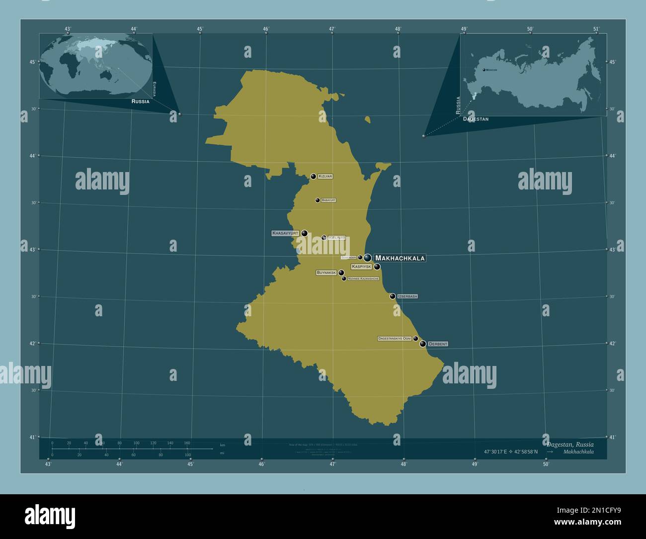 Dagestan, republic of Russia. Solid color shape. Locations and names of ...