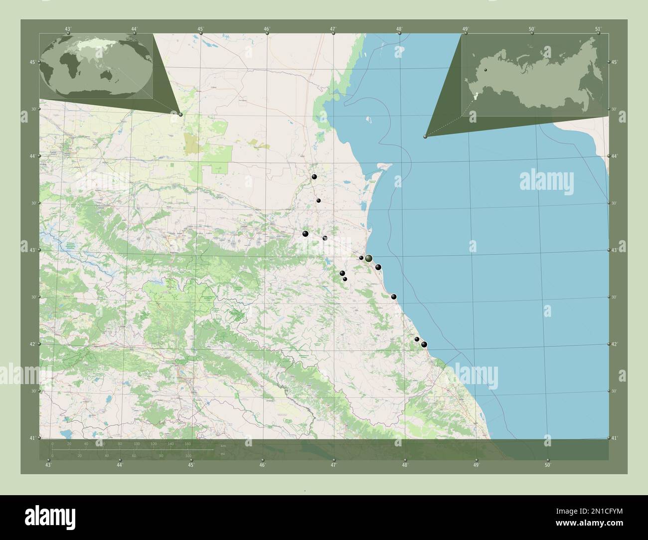 Dagestan, republic of Russia. Open Street Map. Locations of major ...