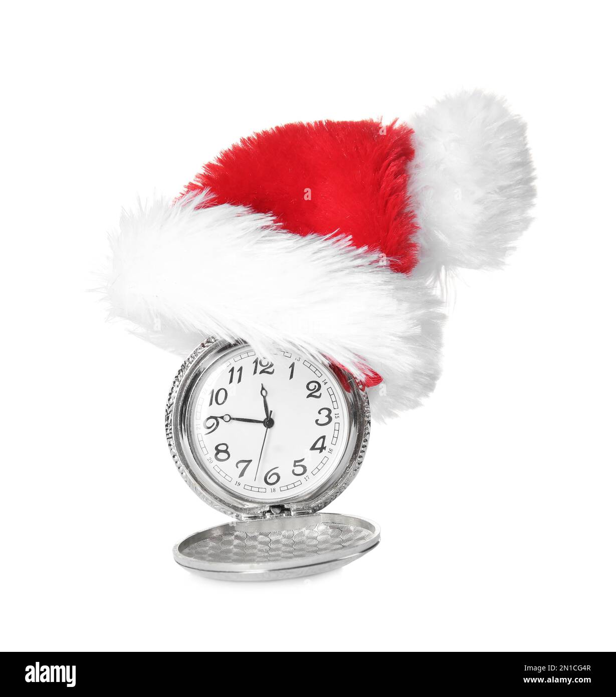 Pocket watch with Santa hat showing quarter to midnight on white ...