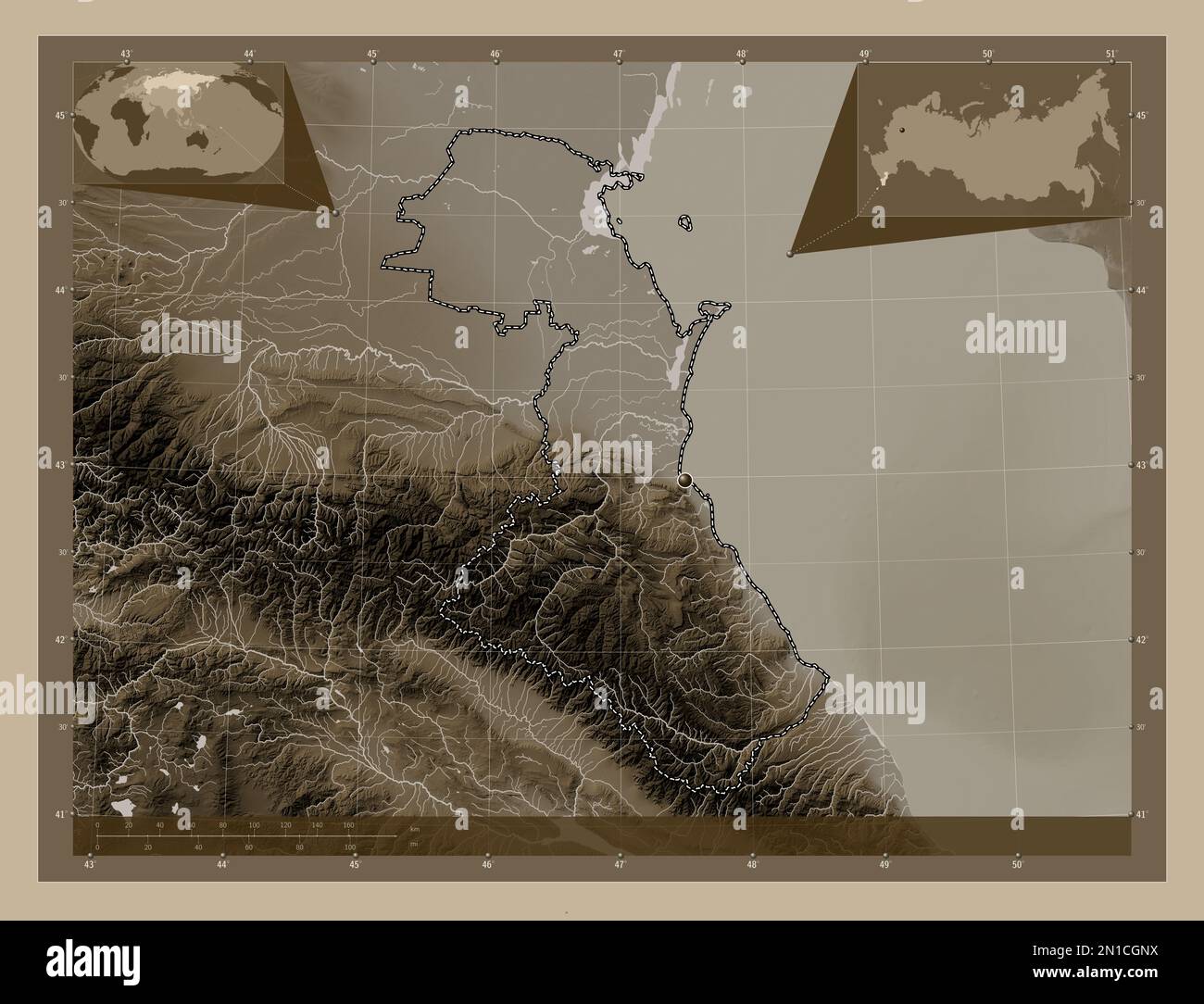 Dagestan, republic of Russia. Elevation map colored in sepia tones with ...