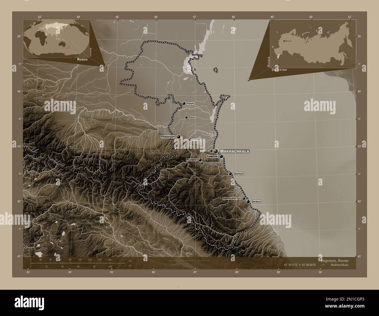 Dagestan, republic of Russia. Elevation map colored in sepia tones with ...