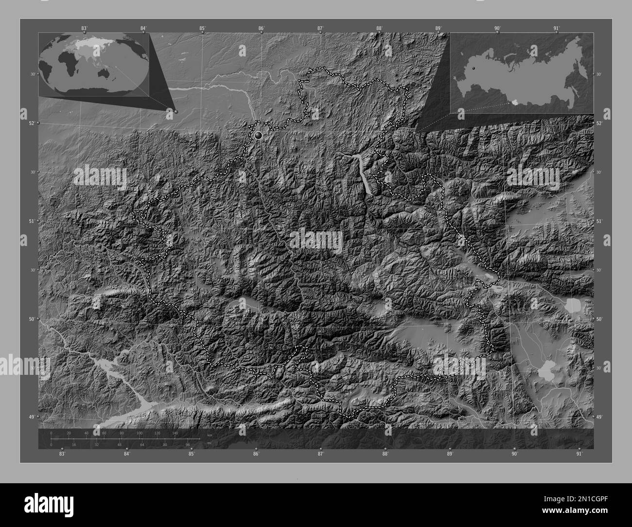 Gorno-Altay, republic of Russia. Bilevel elevation map with lakes and ...