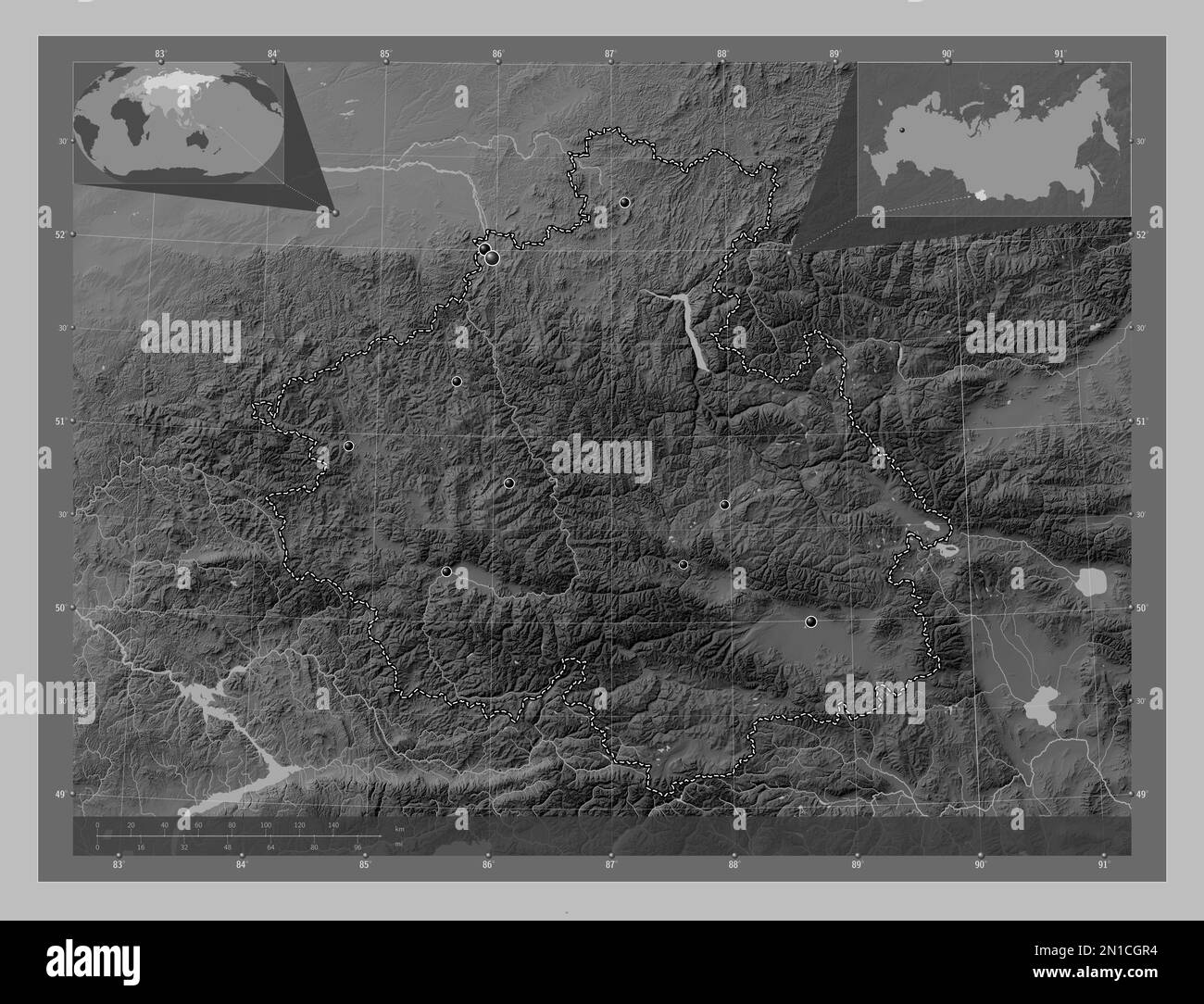 Gorno-Altay, republic of Russia. Grayscale elevation map with lakes and ...