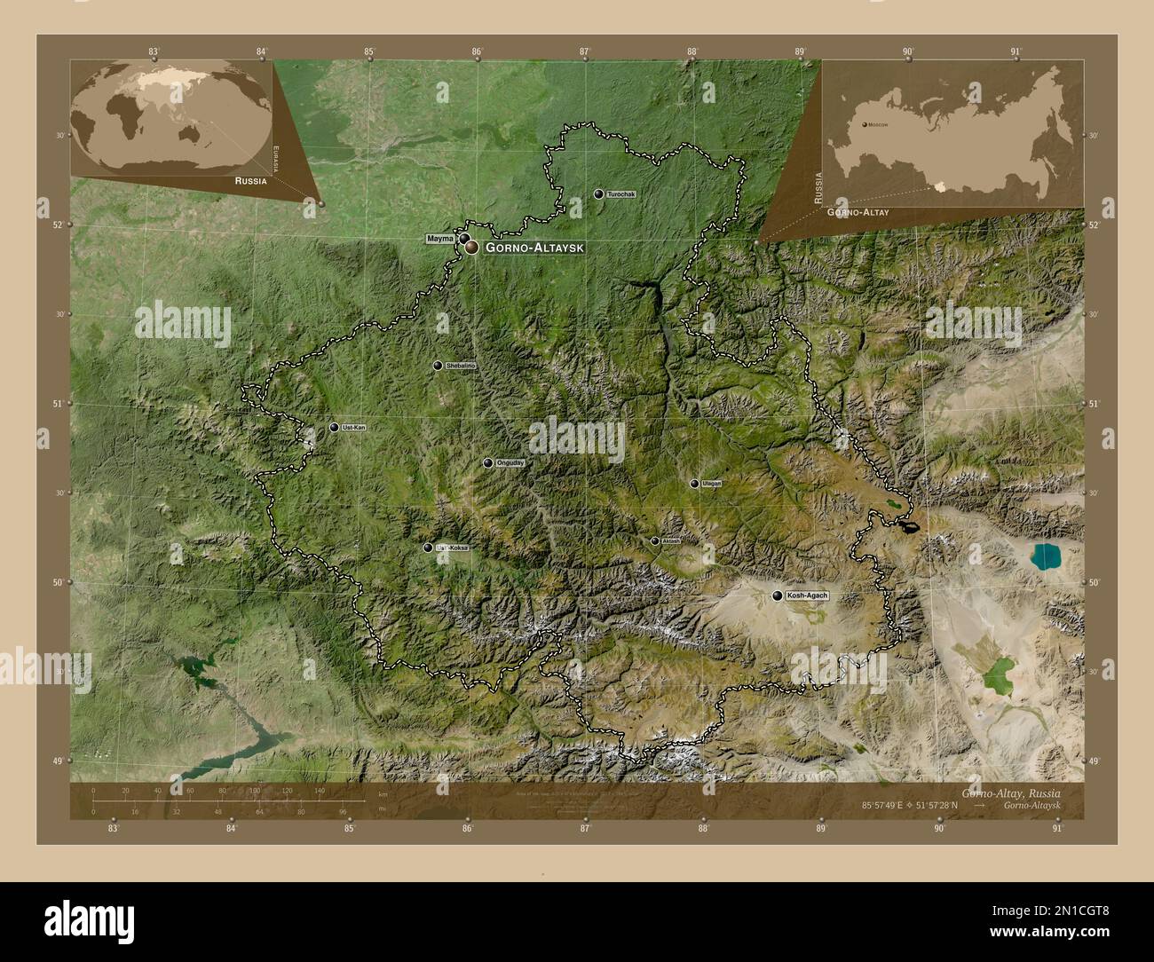 Gorno-Altay, republic of Russia. Low resolution satellite map ...
