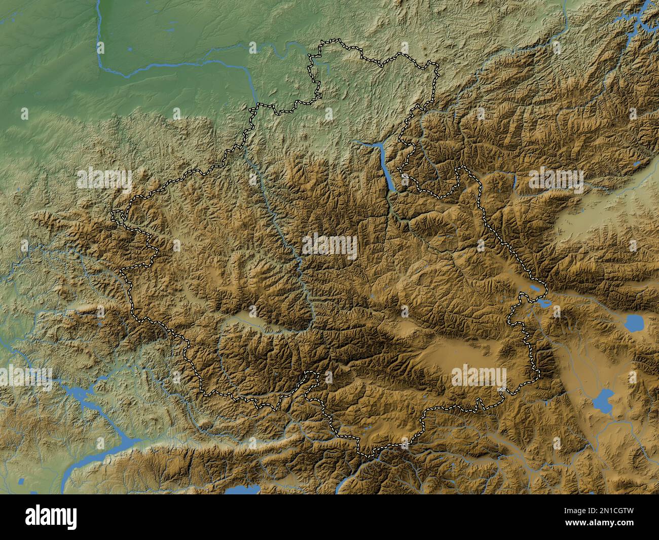 Gorno-Altay, republic of Russia. Colored elevation map with lakes and ...