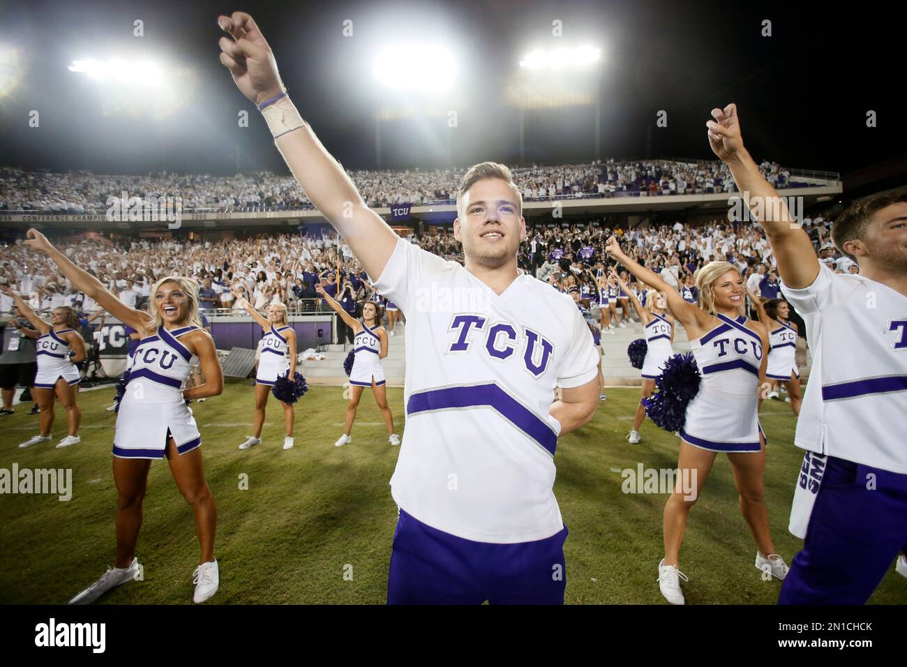 The TCU cheer team perform after an NCAA college football game against ...