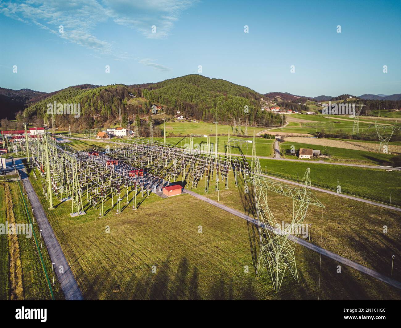 Aerial view of electrical power station in the country side of Slovenia ...