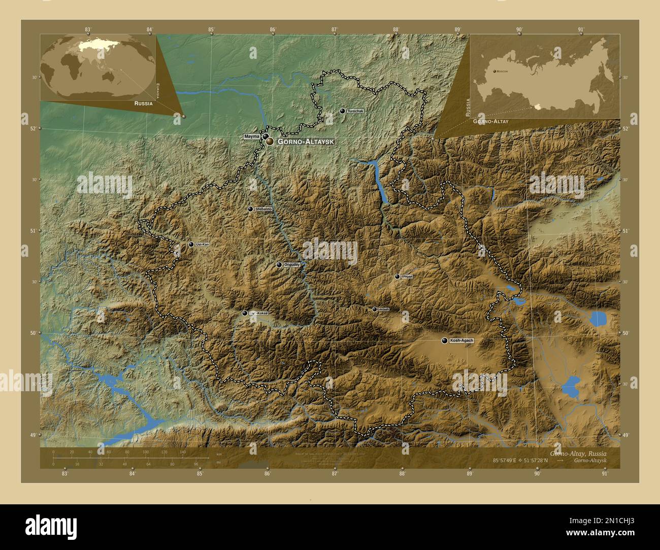 Gorno-Altay, republic of Russia. Colored elevation map with lakes and ...
