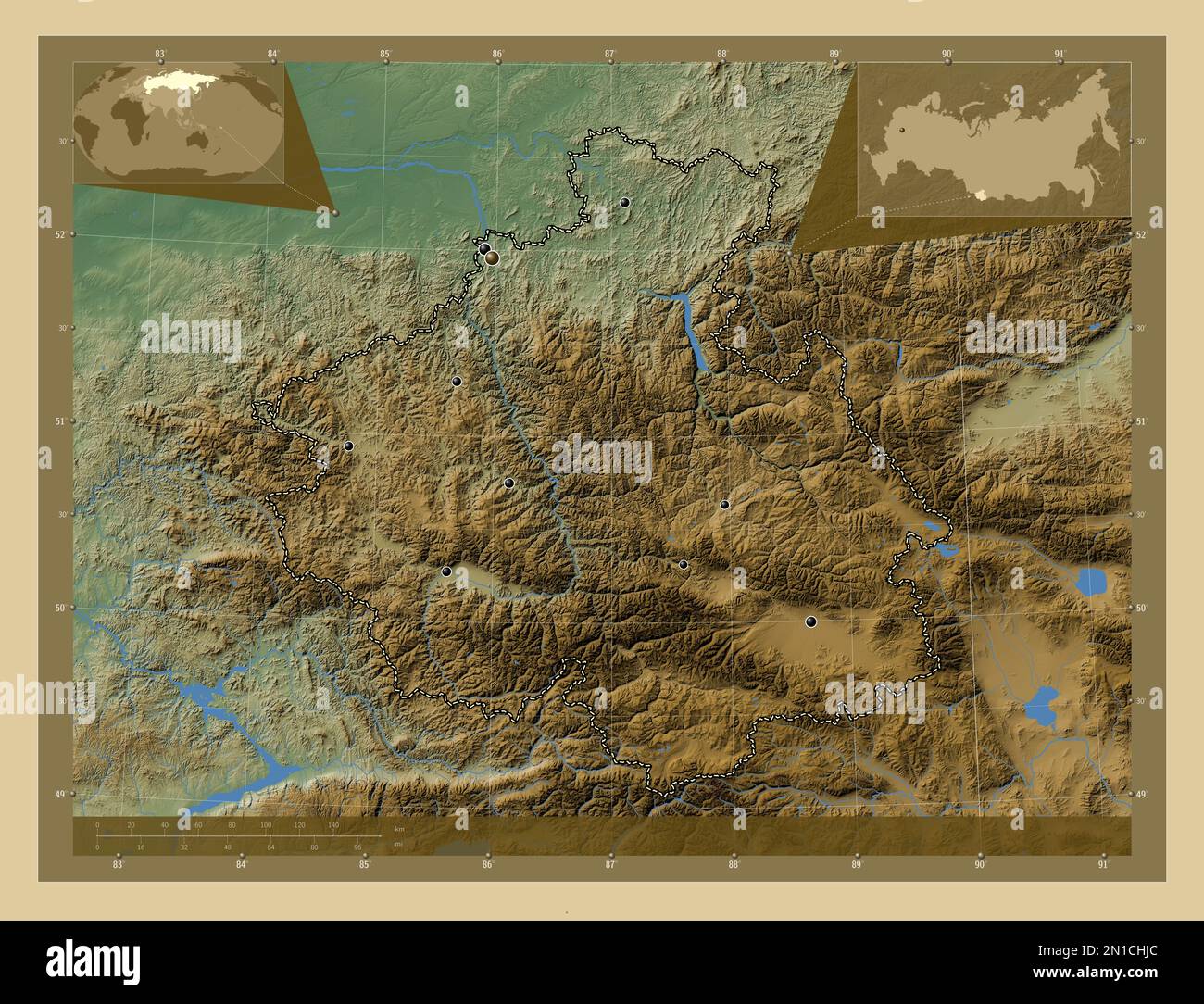 Gorno-Altay, republic of Russia. Colored elevation map with lakes and ...