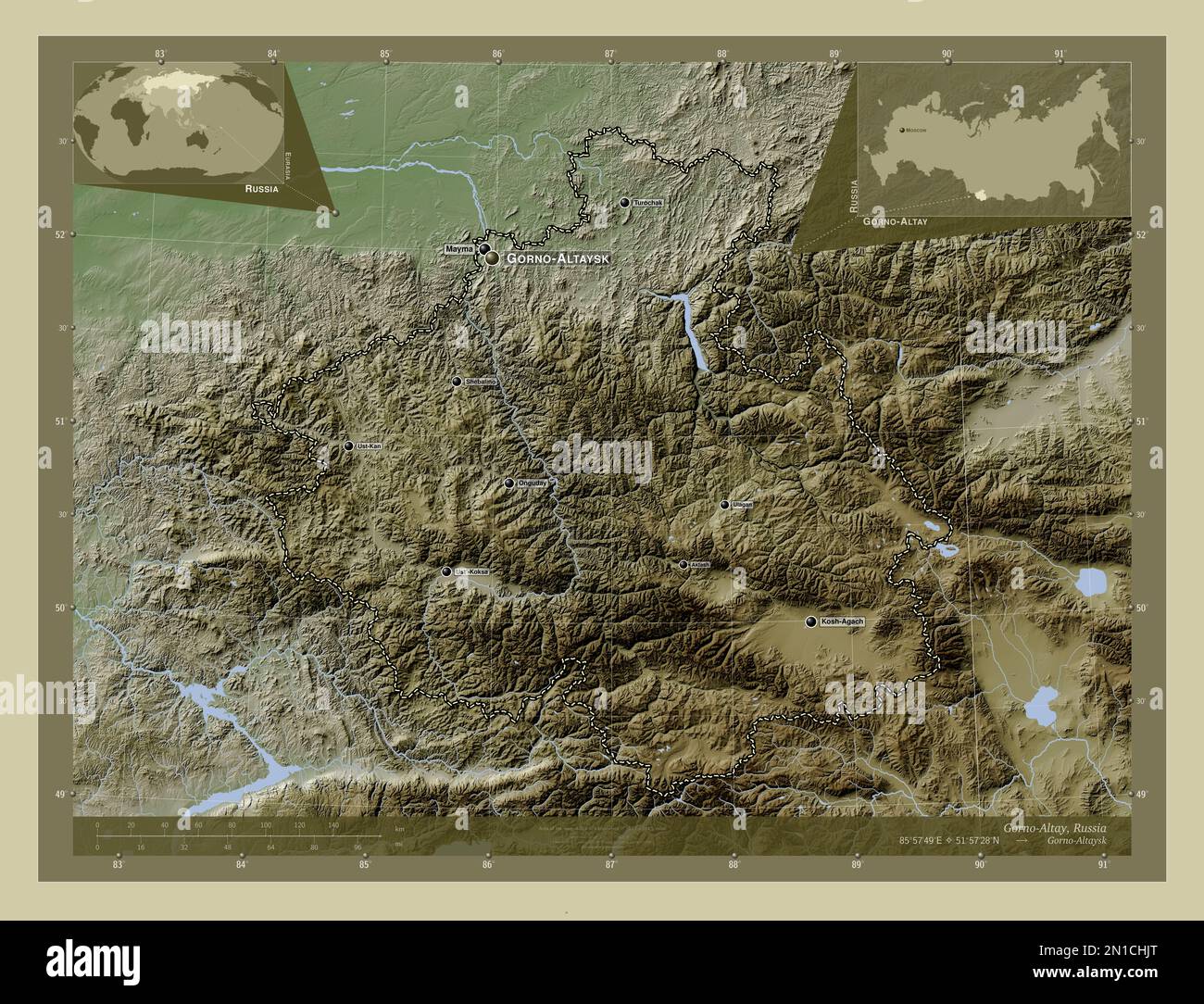 Gorno-Altay, republic of Russia. Elevation map colored in wiki style ...