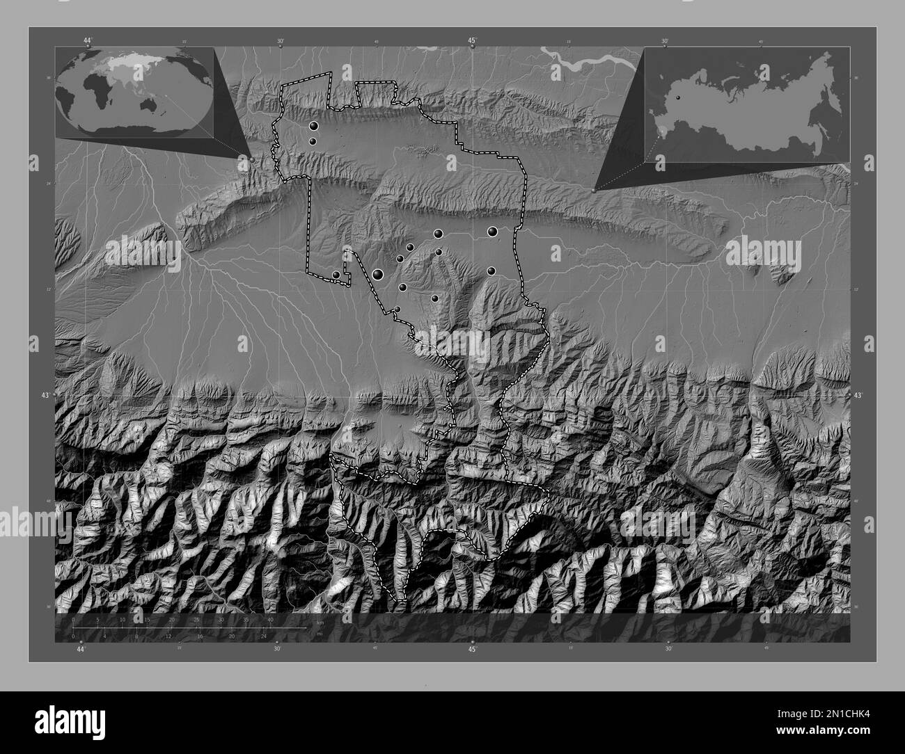 Ingush, republic of Russia. Bilevel elevation map with lakes and rivers ...