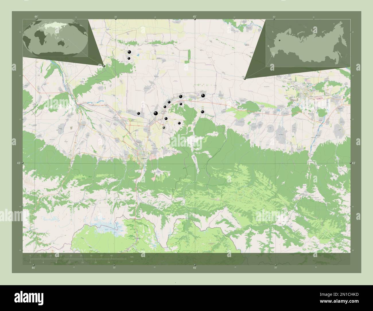 Ingush, republic of Russia. Open Street Map. Locations of major cities ...
